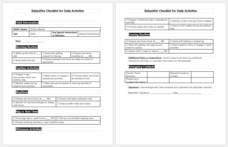 Babysitter Checklist for Daily Activities | Download Sample