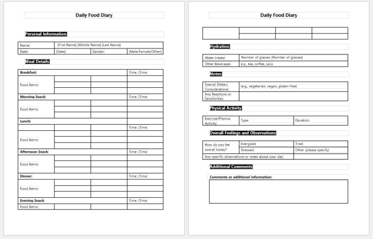 Daily Food Diary Template for Word | Download Sample File