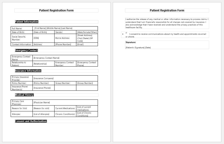 Sample Patient Registration & Entrance Forms for Word