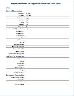 Employee Medical Emergency Information Record Form | Sample