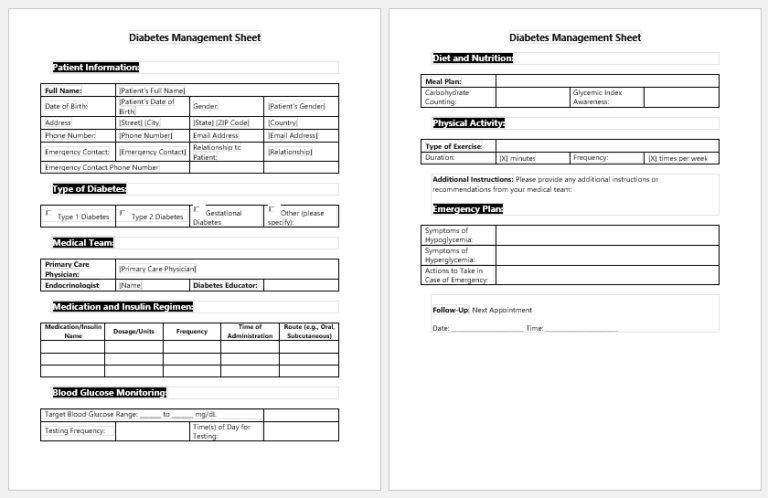 Diabetes Management Sheet Template for Word | Download File