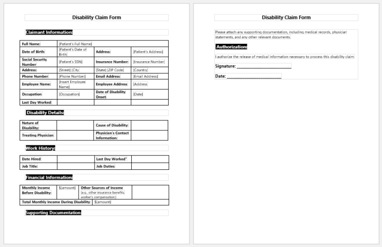 Disability Claim Form Template for Word | Download Sample