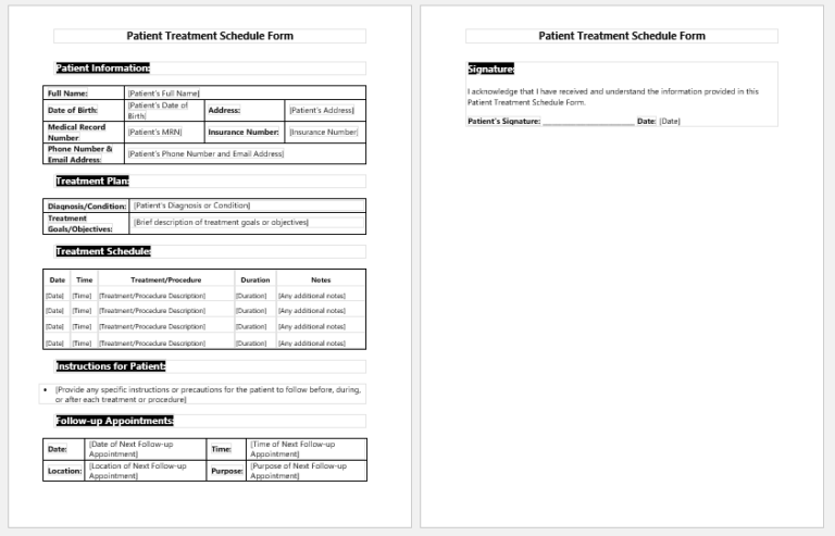 Patient Treatment Schedule Form Template | Download for Word