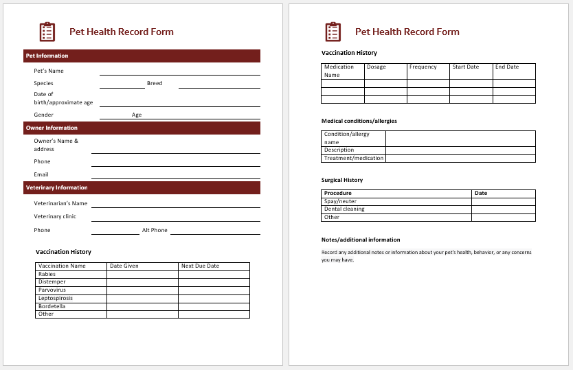 Pet Health Record Form Template | Download Sample Form