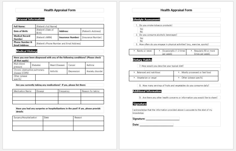 Health Appraisal Form Templates | Download Samples