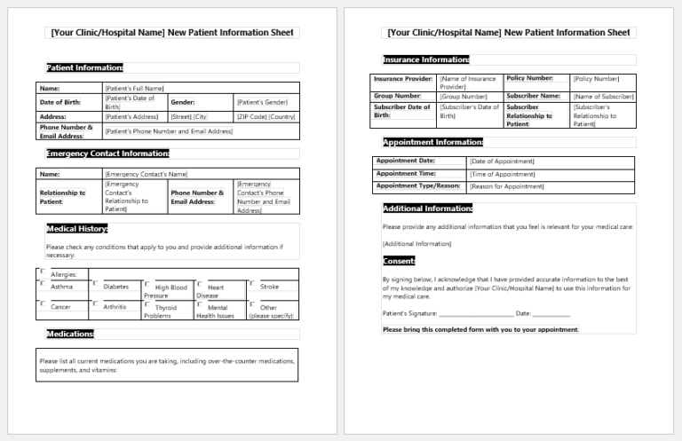New Patient Information Sheet Template for Word | Download