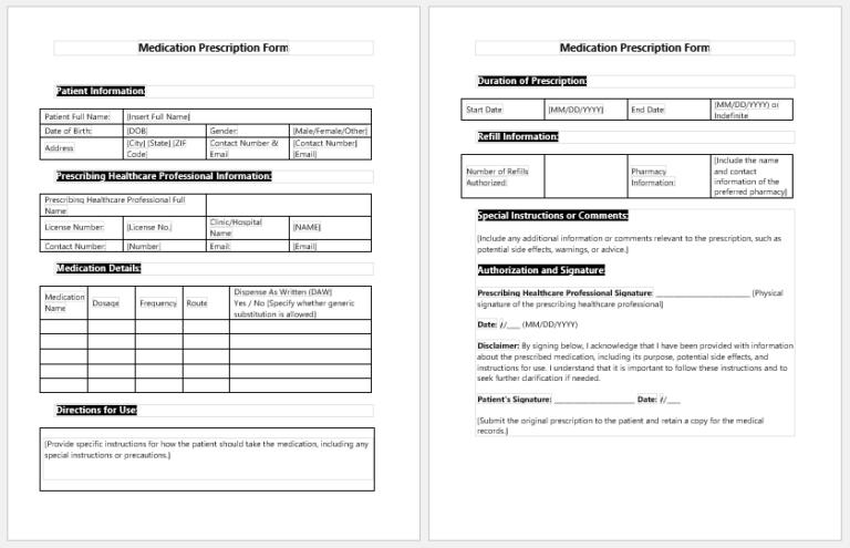 Medication Prescription Form Templates | Download Sample