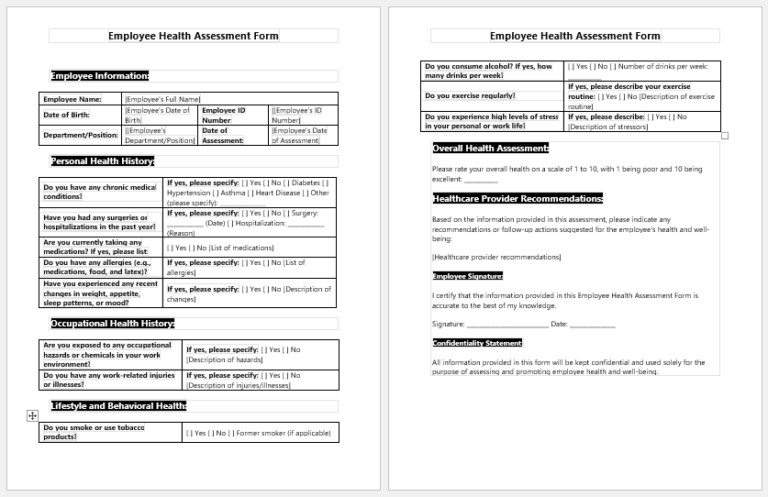 Employee Health Assessment Form Templates | Download Samples