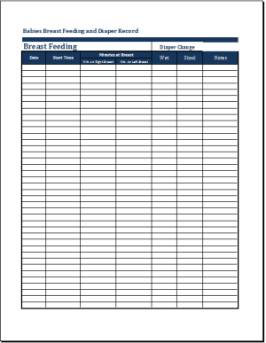 Baby Breast Feeding & Diaper Change Record Sheet | Template
