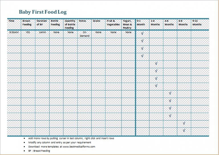 Baby's First Food Log MS Word Editable Template | Download