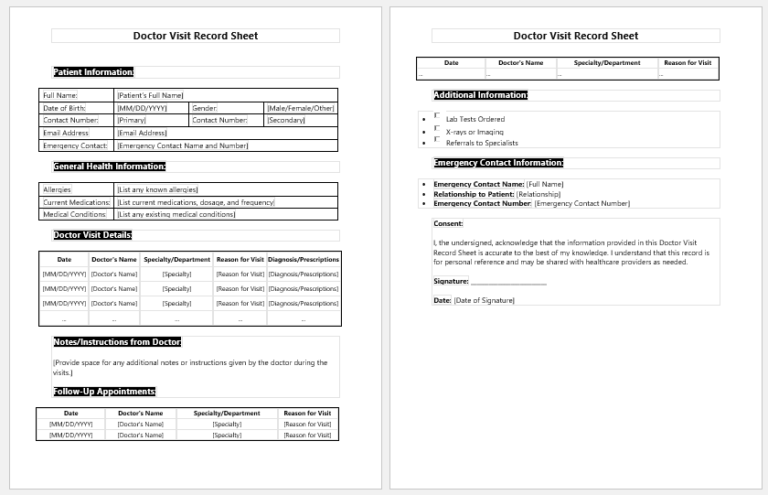 Doctor Visit Record Sheet Templates for Word | Download
