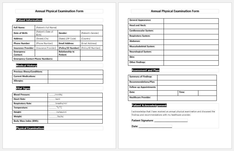 Annual Physical Examination Form Templates for Word | Save