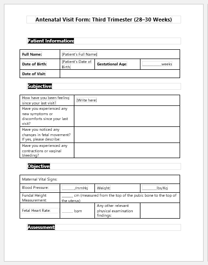 Doctor visit form: third trimester (28–30) Weeks | Download