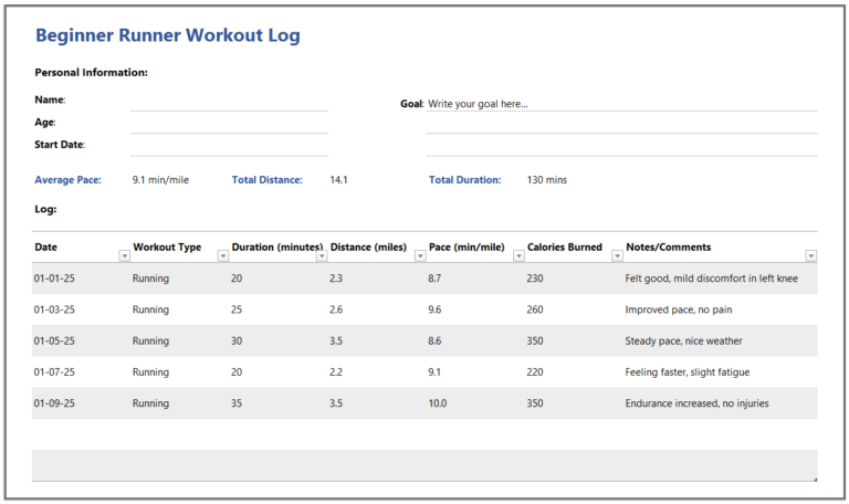Beginner Runner Workout Log Template | Download File