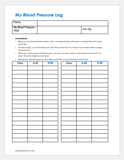 Blood Pressure Record Sheet Printable Islamicdast