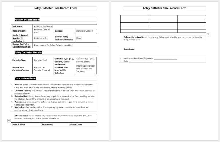 Foley Catheter Care Record Form Template for Word | Save
