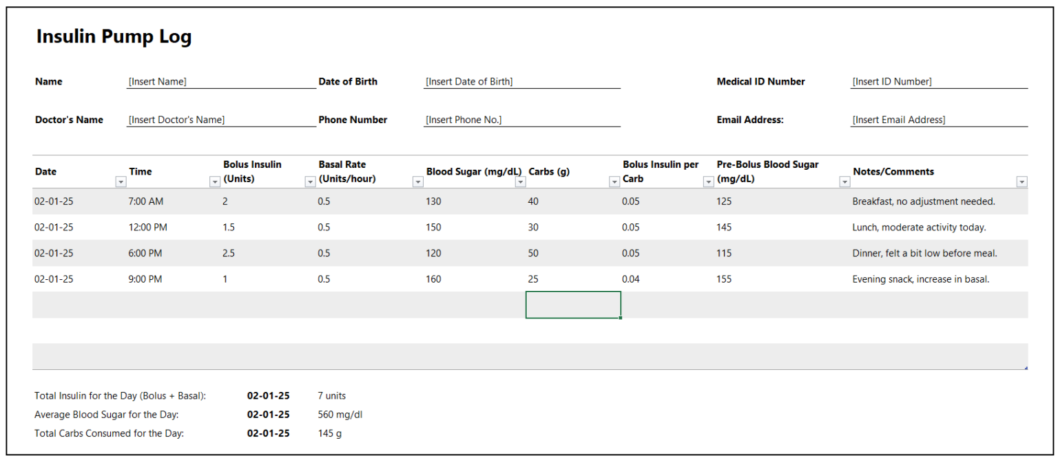 Insulin Pump Log Template for Word | Download File