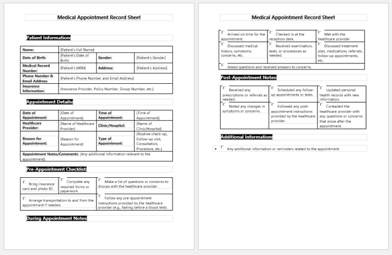 Medical Appointment Record Sheet Template for Word | Save