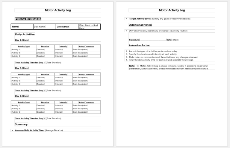 Motor Activity Log Templates for Excel/Word | Download Files