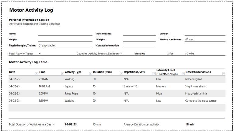 Motor Activity Log Templates for Excel/Word | Download Files