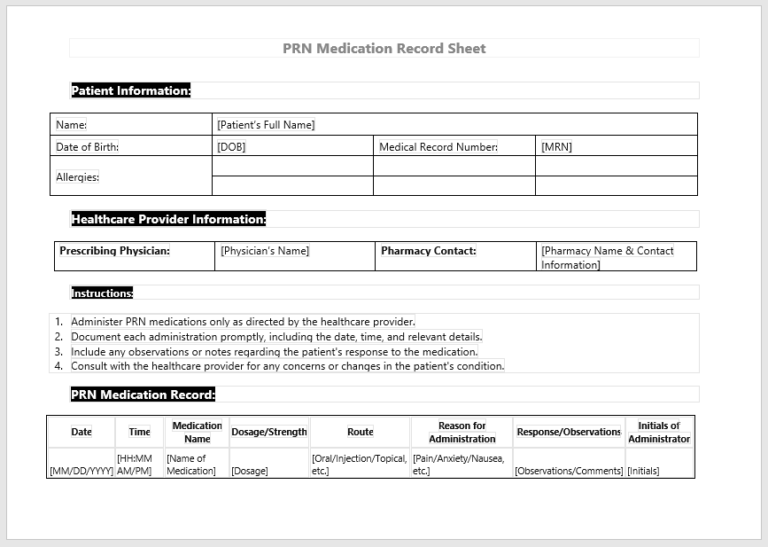 PRN Medication Record Sheet Template | Download File