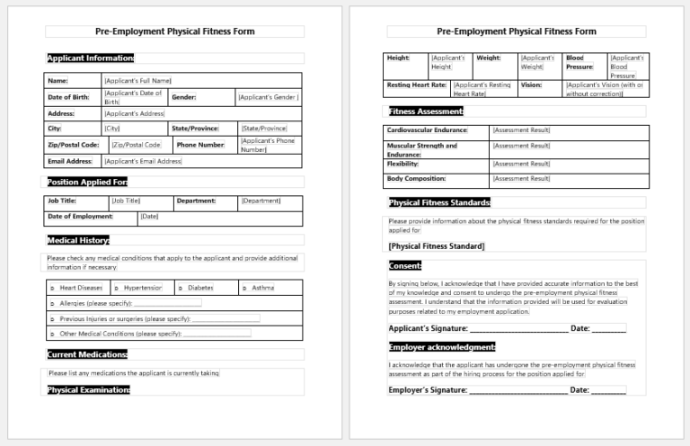 Pre-Employment Physical Fitness Form Templates for Word