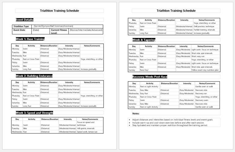 Triathlon Training Schedule Template for Word | Download
