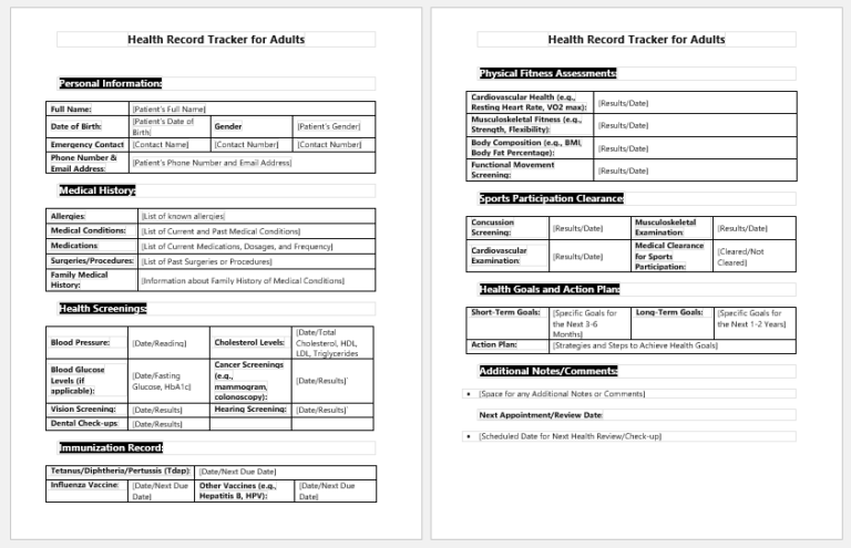 Health Record Tracking Table for Word | Download File