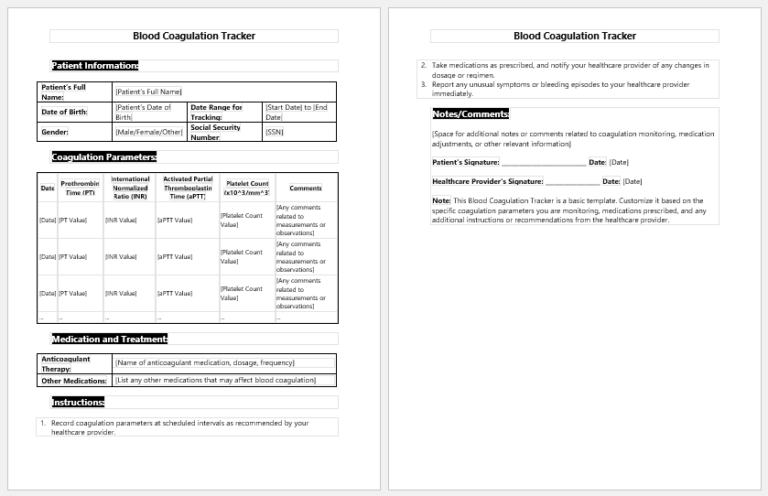 Blood Coagulation Tracker Template for Word | Download File