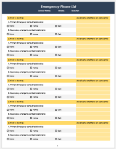 Class Emergency Phone List Template | Download File