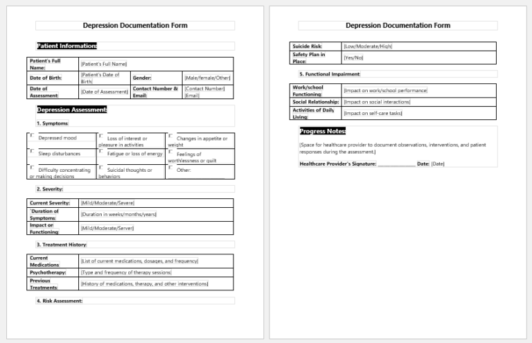 Depression Documentation Form Template for Word | Download