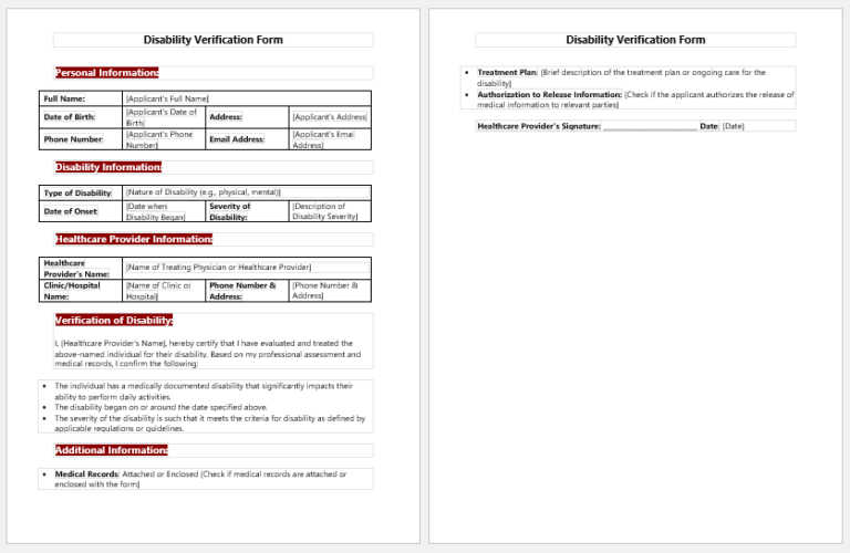 Disability Verification Form Template for Word | Download