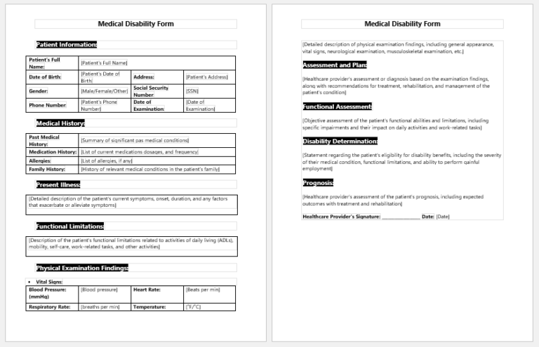Medical Disability Form Template for Word | Download File