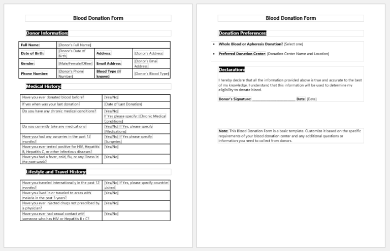 Blood Donation Form Template for Word | Download File