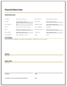 Student Physical Fitness Form Template for Excel | Download