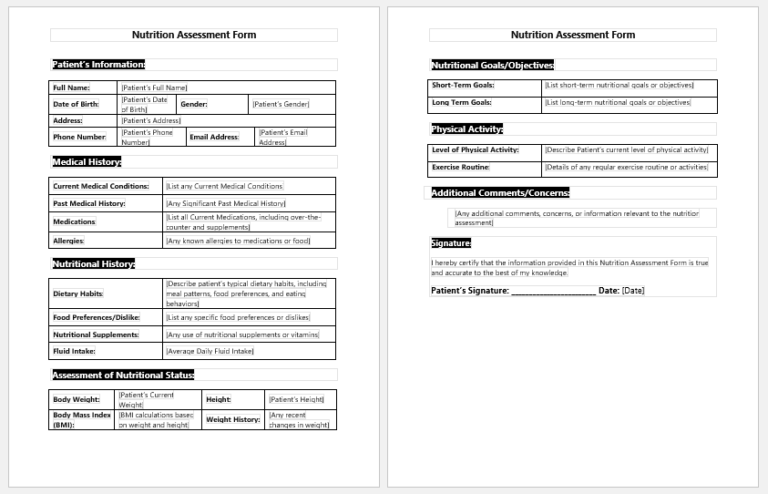 Nutrition Assessment Form Template for Word | Download File
