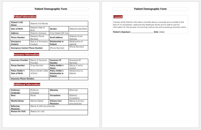 Patient Demographic Form Template for Word | Download Form