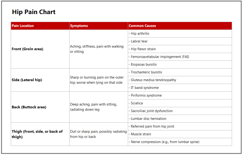 Hip Pain Chart Printable Medical Forms, Letters & Sheets