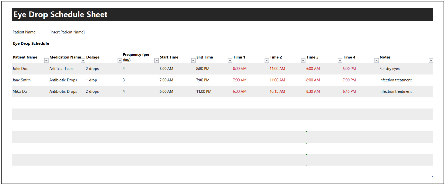 Eye Drop Schedule Sheet Template for Word | Download File