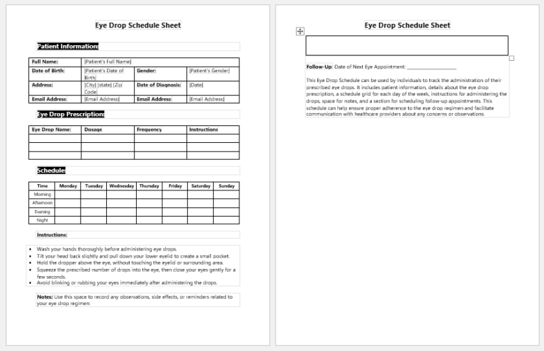 Eye Drop Schedule Sheet Template for Word | Download File