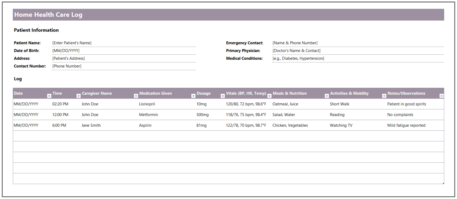 Home Health Care Log Templates | Download Word & Excel Files