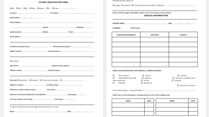 Patient Face Sheet Templates for MS Word | Download/Save