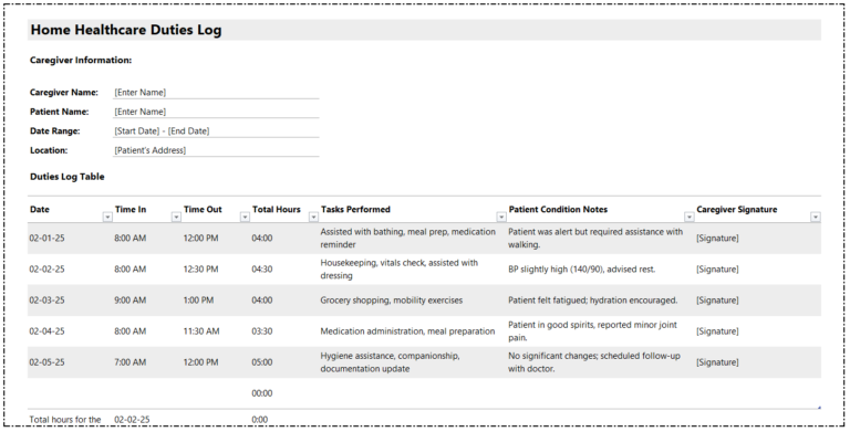 Home Healthcare Log Template for Word | Download File