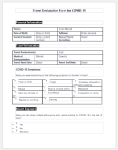 Travel Declaration Form for COVID-19 MS Word Format | Edit