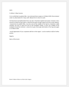 Doctor’s Note to Return to Work after Surgery | Download