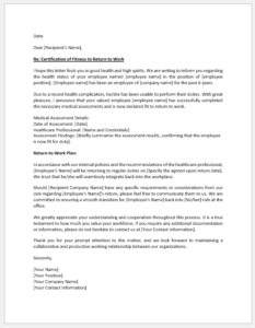 Return to Work Letter to Certify an Employee's Fitness