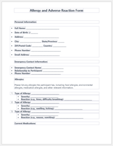 Allergy and Adverse Reaction Form Template | Download File