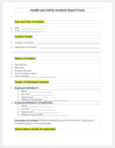 Health and Safety Incident Report Form Template for Word