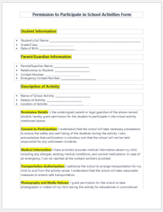 Permission to Participate in School Activities Form Template