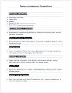 Testing or Assessment Consent Form Template | Download File